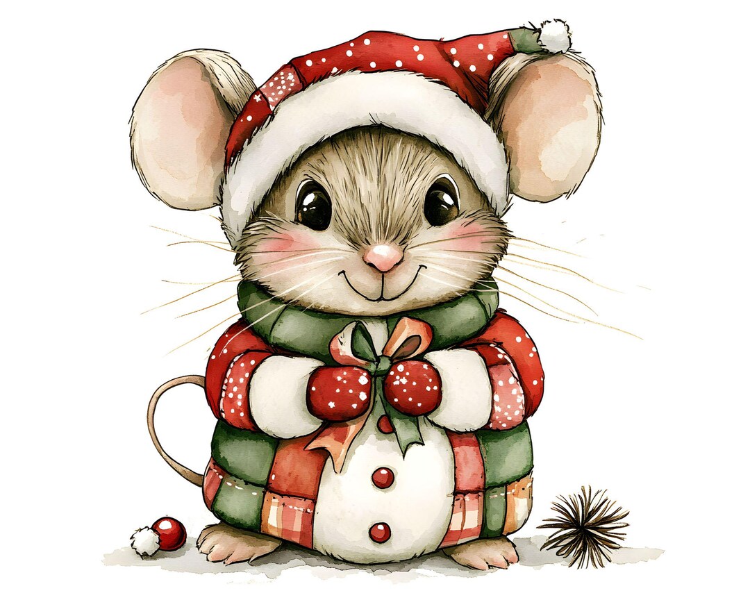 Christmas Mouse Watercolor Clipart: Patchwork Mouse JPG (digital ...