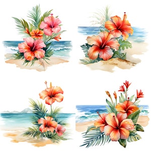 Watercolor Tropical Flowers Clipart, 20 JPG, Beach Summer Floral Images ...