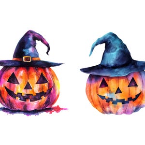 Watercolor Halloween Pumpkin Clipart, 16 PNG, Pumpkin With Witch Hat ...