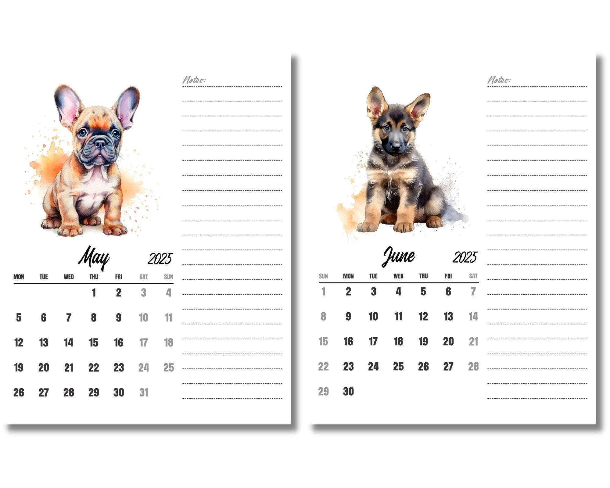 Watercolor Puppy Calendar 2025, Cute Puppies Calendar, Monday Sunday ...