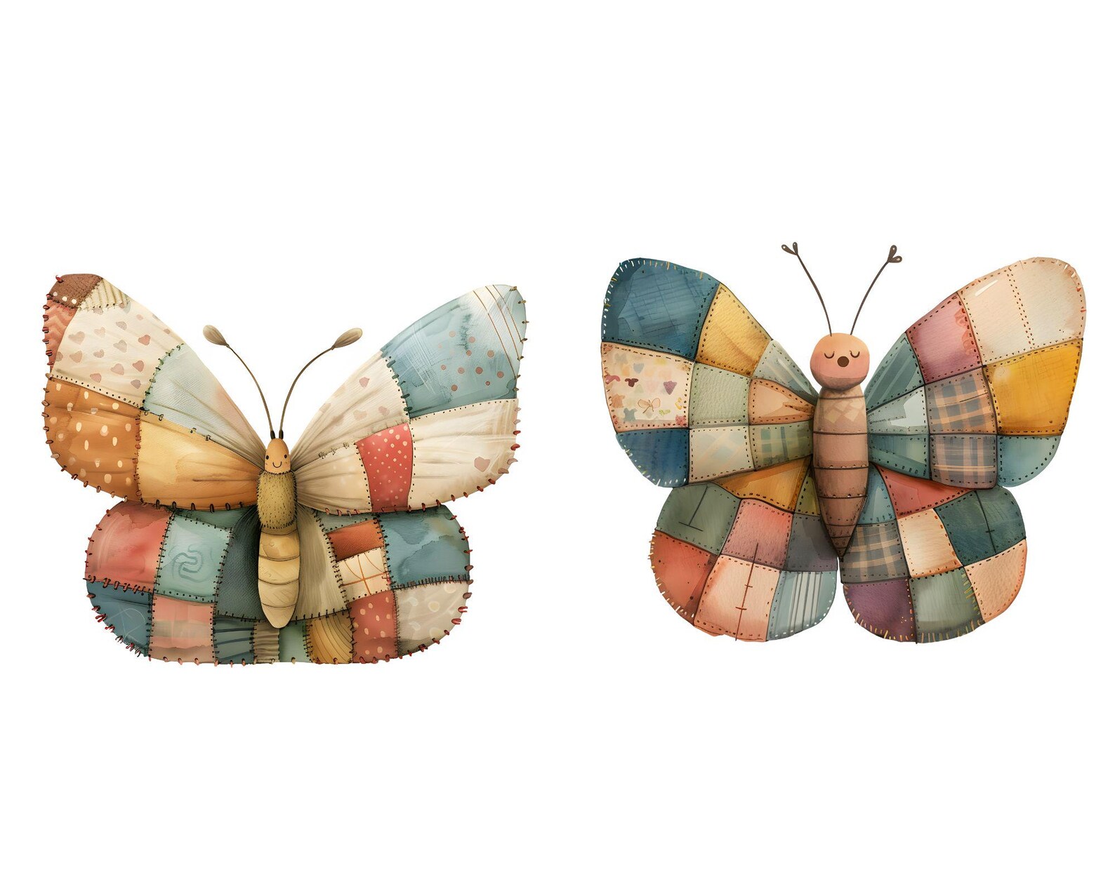 Patchwork Butterfly Clipart: 16 Whimsical PNG Digital Art (commercial ...