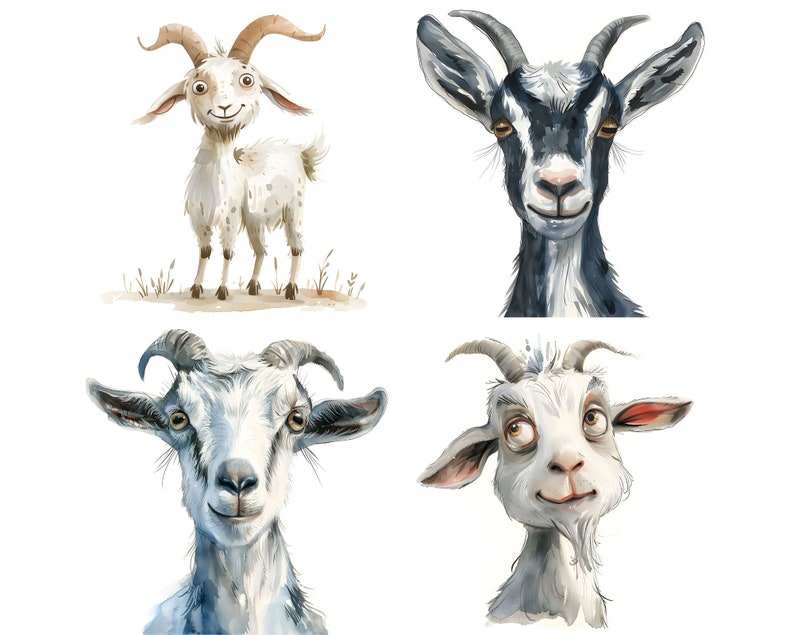 Funny Goat Clipart, 24 High Quality JPG, Whimsical Quirky, Watercolor ...
