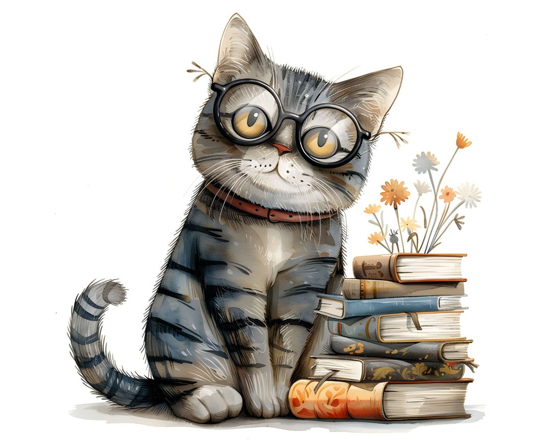 Cat With Stack of Books Clipart, 16 JPG, Watercolor Kitten, Cute Cat ...