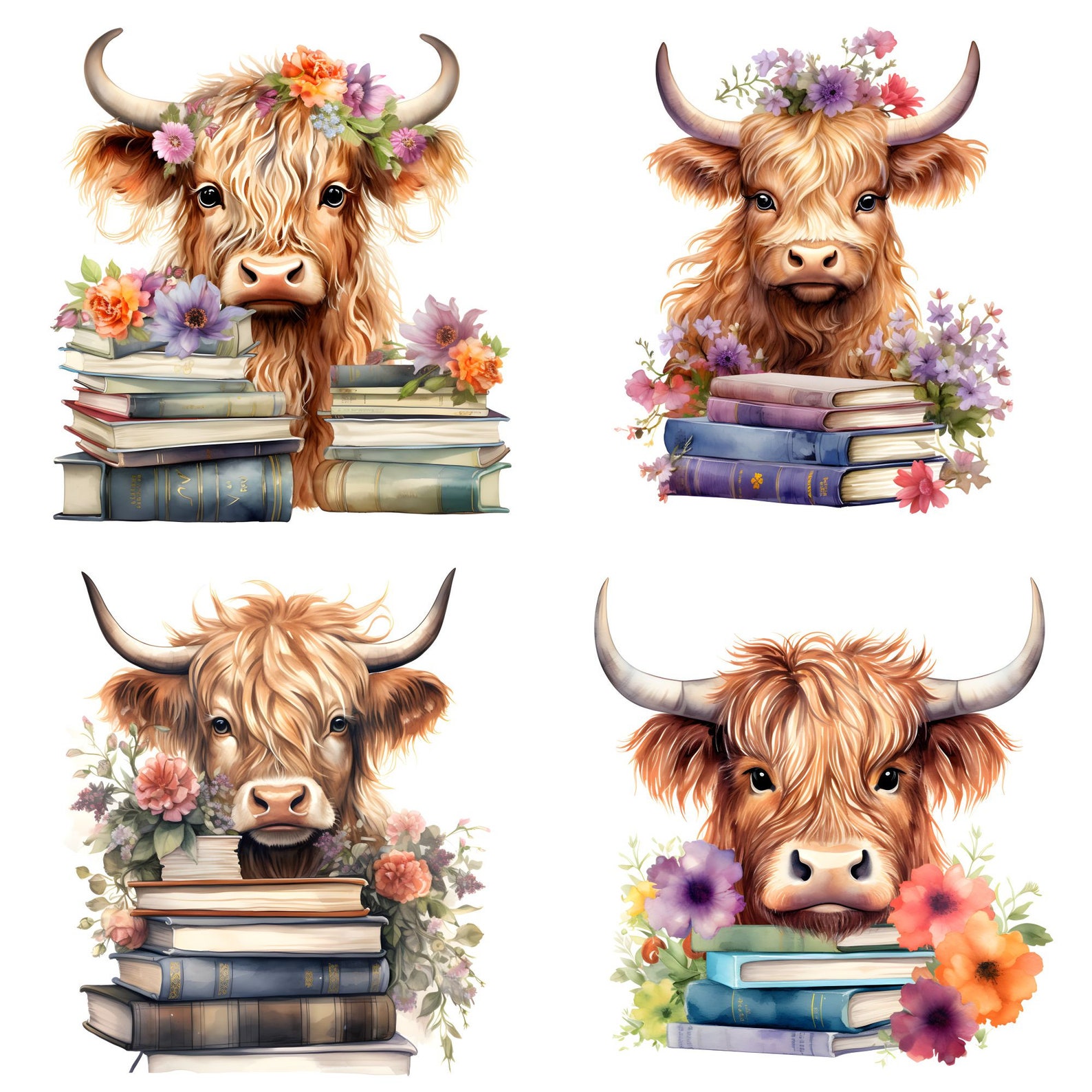 Highland Cow Clipart, 16 Jpgs, Stack of Books and Highland Cow ...