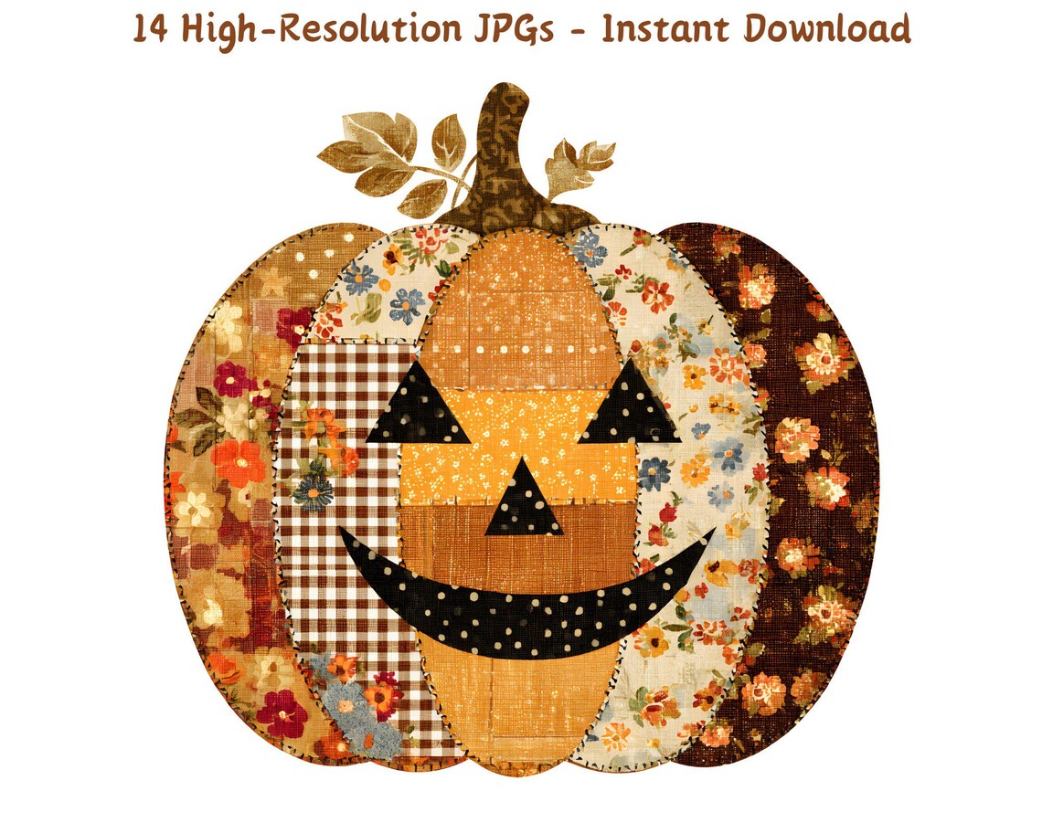 Patchwork Jack-o-lantern Halloween Clipart – 14 JPG Files | Quilted ...