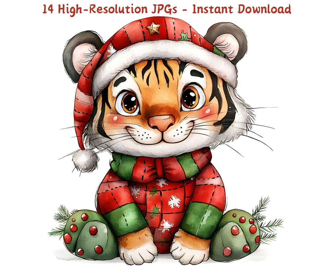 Watercolor Christmas Tiger Clipart: Santa Hat Animal Art (14 JPG ...