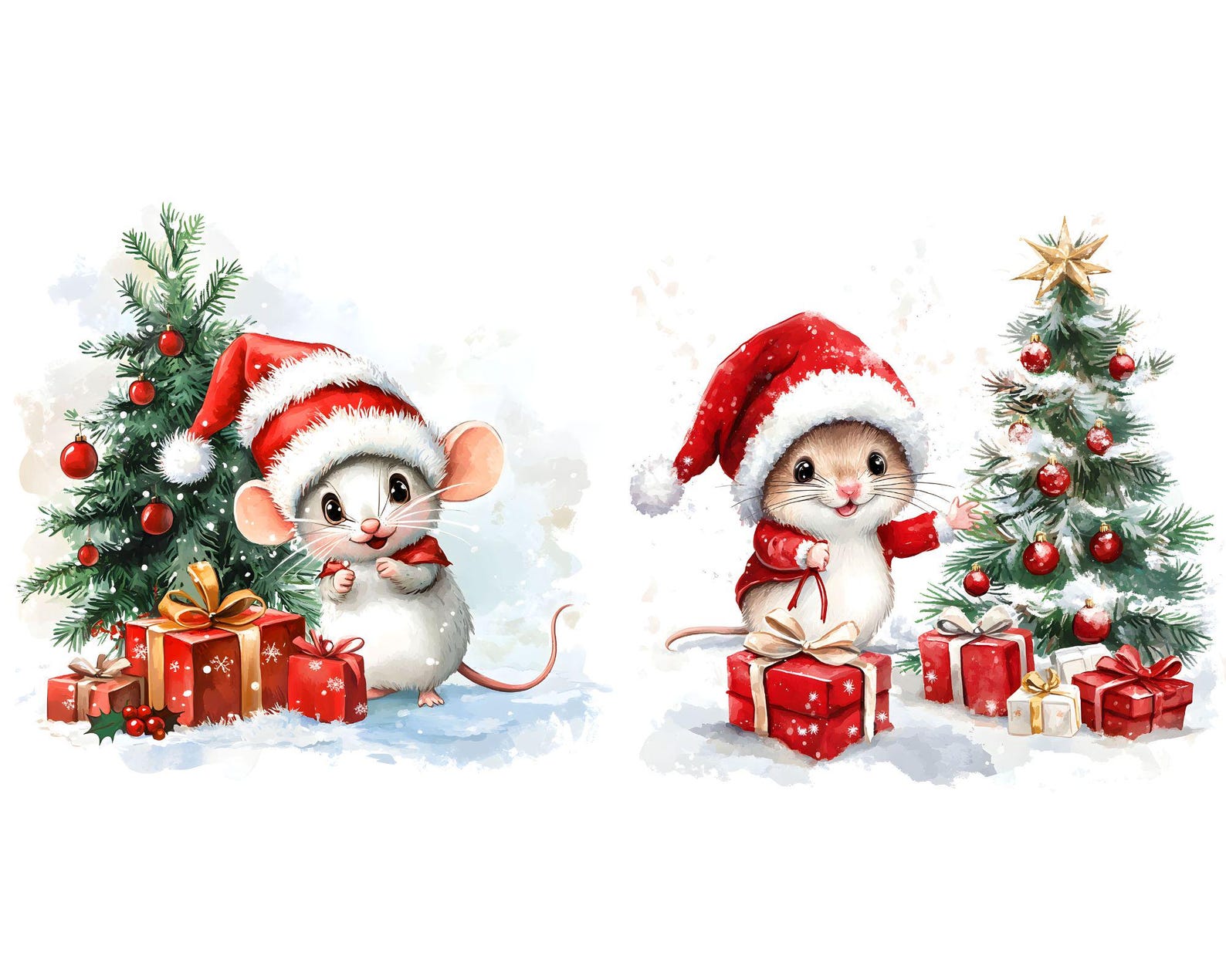 Watercolor Christmas Mouse Clipart: Holiday Tree & Gifts (digital ...