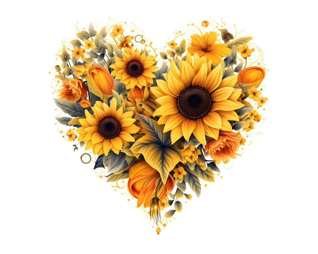 Heart Sunflower Clipart, 12 JPG, Flower Heart Clipart, Valentine's Day ...