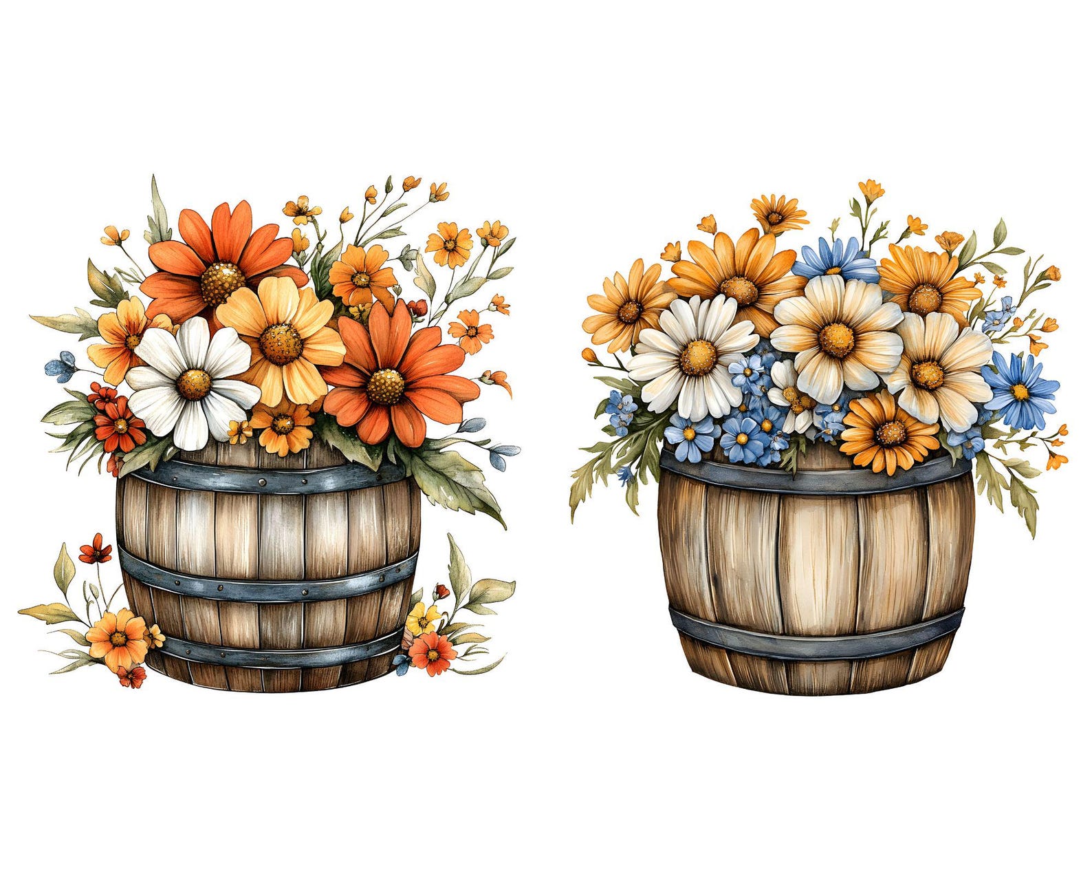 Floral Wooden Barrel Clipart: Rustic Flower Arrangement (digital ...