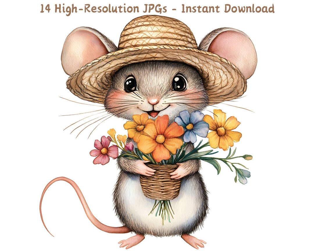 Cartoon Mouse Holding Flowers Watercolor Clipart, Cute Mouse With ...