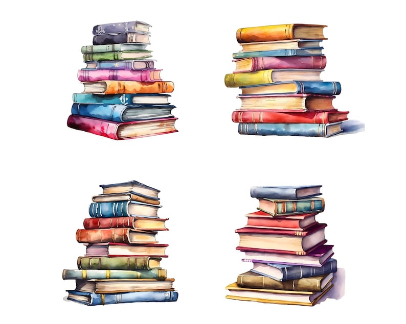 Aquarel stapel boeken Clipart, 16 JPGs, PNG, Aquarelboeken Clipart ...