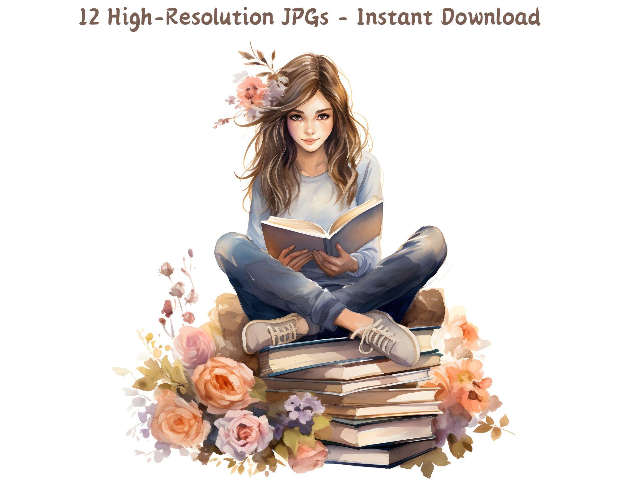 Watercolor Girl Reading Clipart: Book Lover Digital Art (12 JPG Files ...