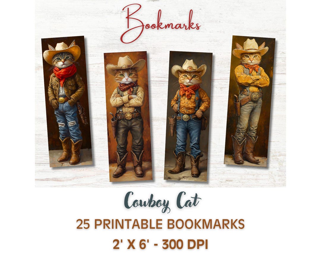 Cowboy Cat Printable Bookmarks, 25 PNG\JPG Western Oil Painting ...