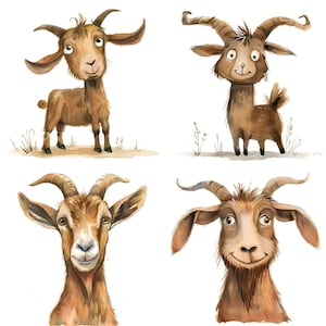 Whimsical Brown Goat Clipart, 24 High Quality JPG, Quirky, Watercolor ...