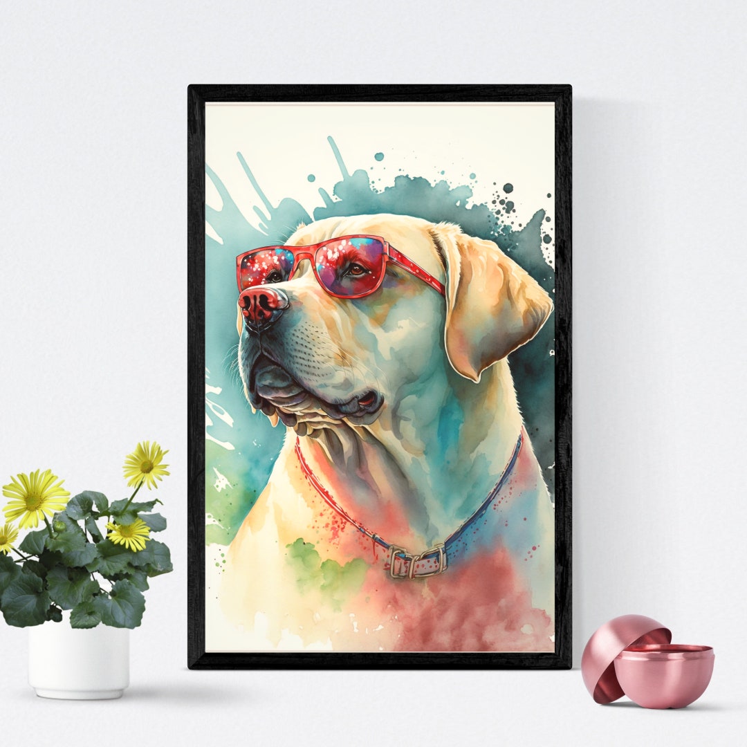 Colorful Labrador in Red Glasses Watercolor Painting Wall Art Digital ...