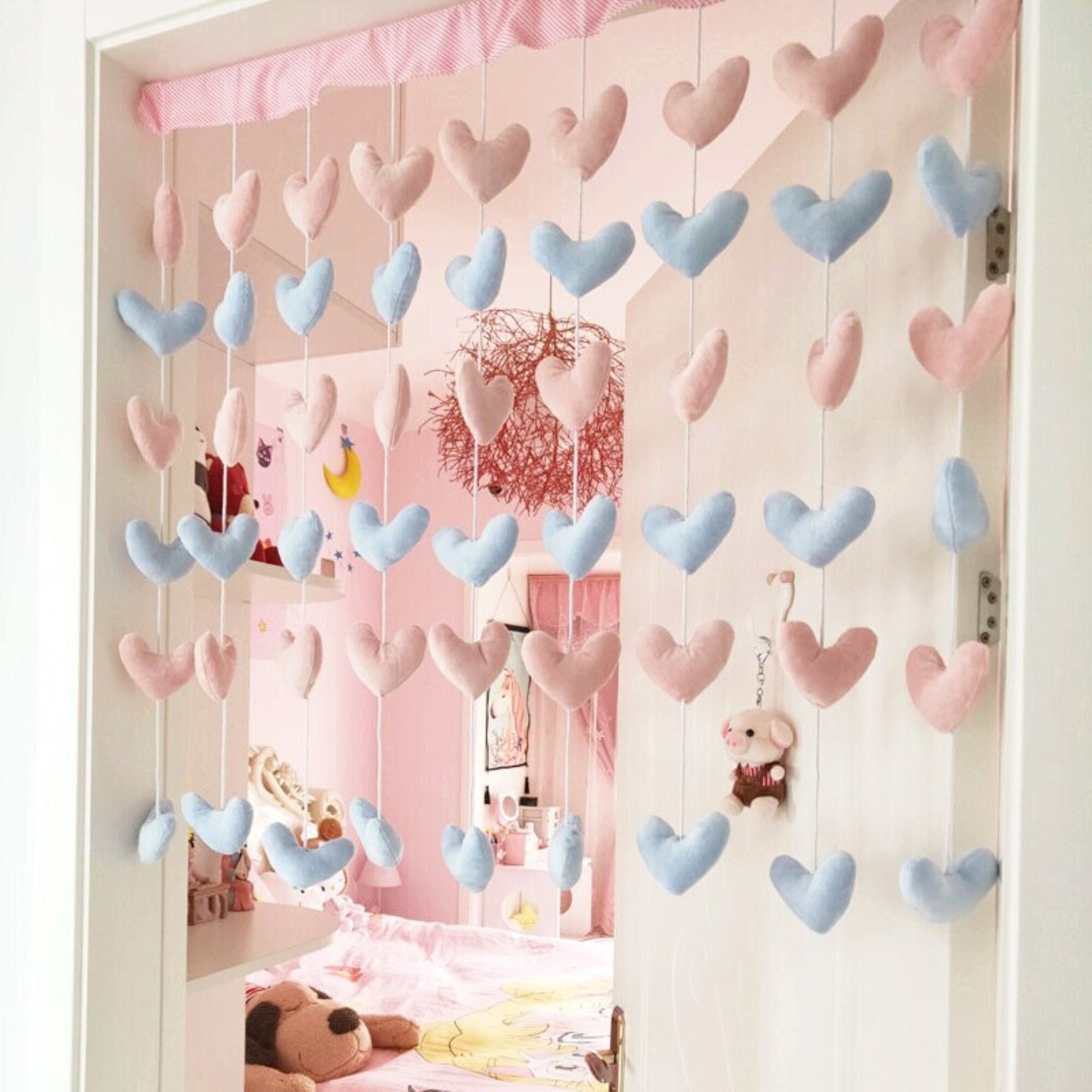 Cute Heart Stars Pink Door Curtains, Short Romantic Curtain, Kids ...
