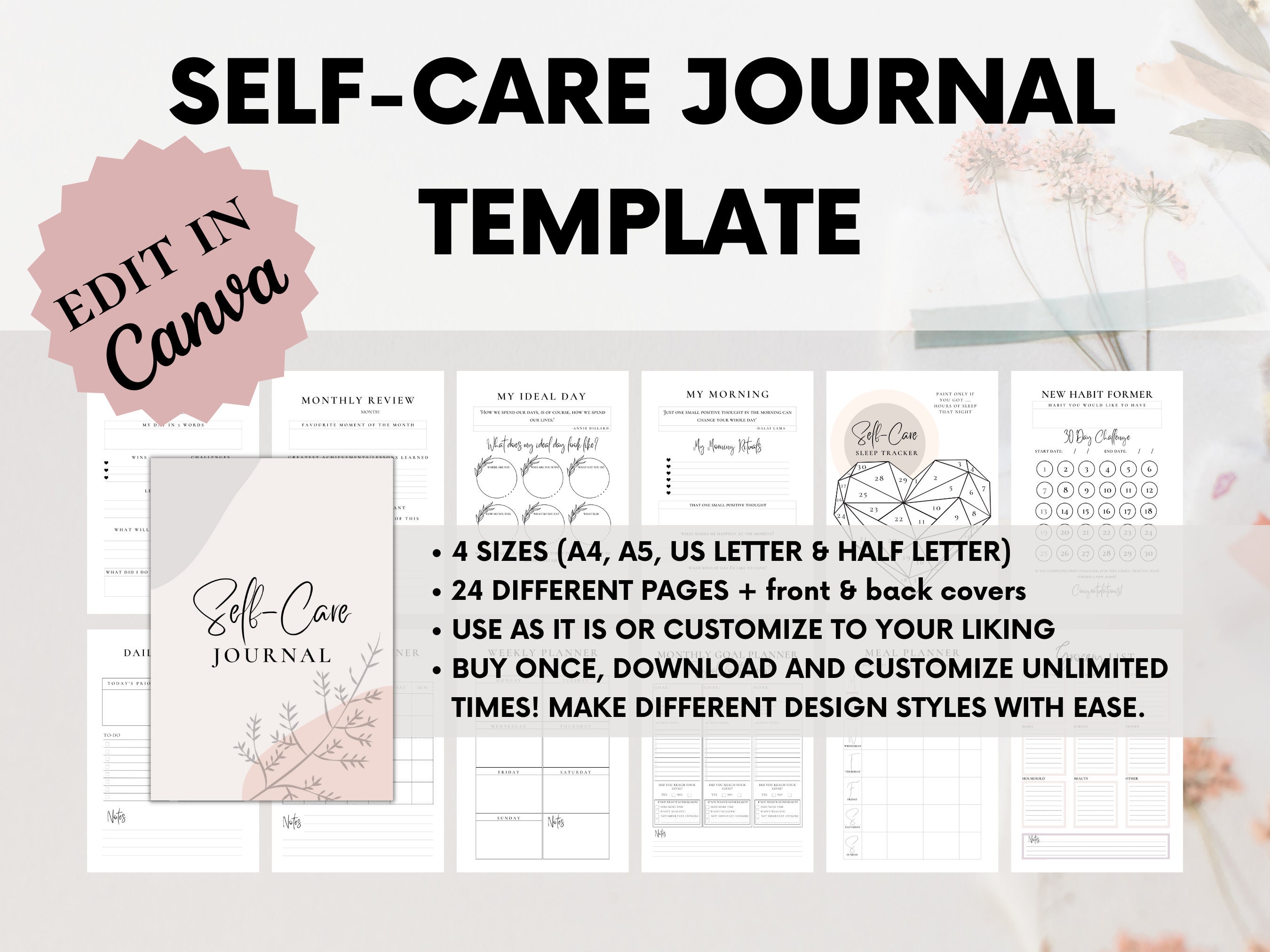 Self Care Journal Canva Template, Self Care Planner, Wellness Journal ...