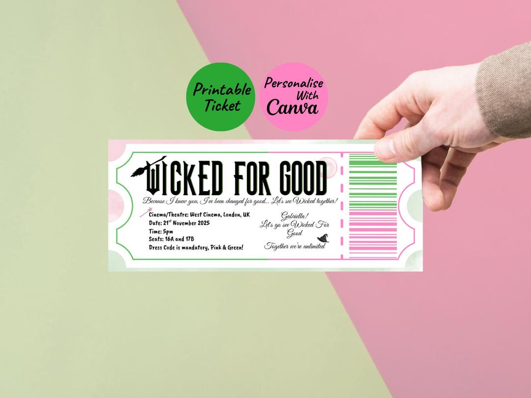 Wicked for Good Movie Night Ticket for Print Invitation: Editable Canva ...