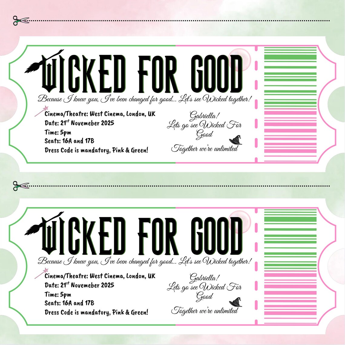 Wicked for Good Movie Night Ticket for Print Invitation: Editable Canva ...