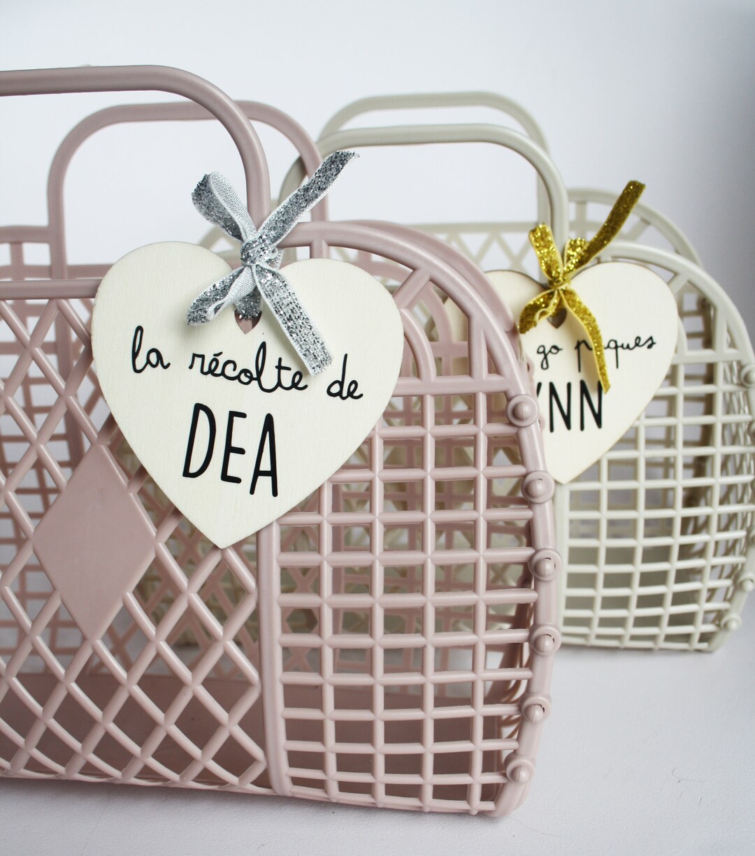 Boho Plastic Easter Basket With Wooden Heart and Gold or Silver Glitter ...