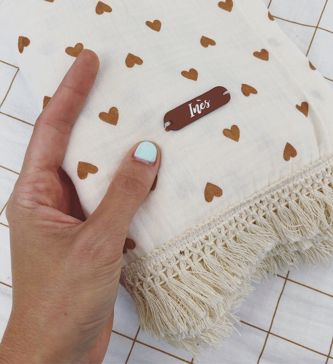 Double Gauze Beach Fouta With Fringes Printed Hearts Personalized With ...