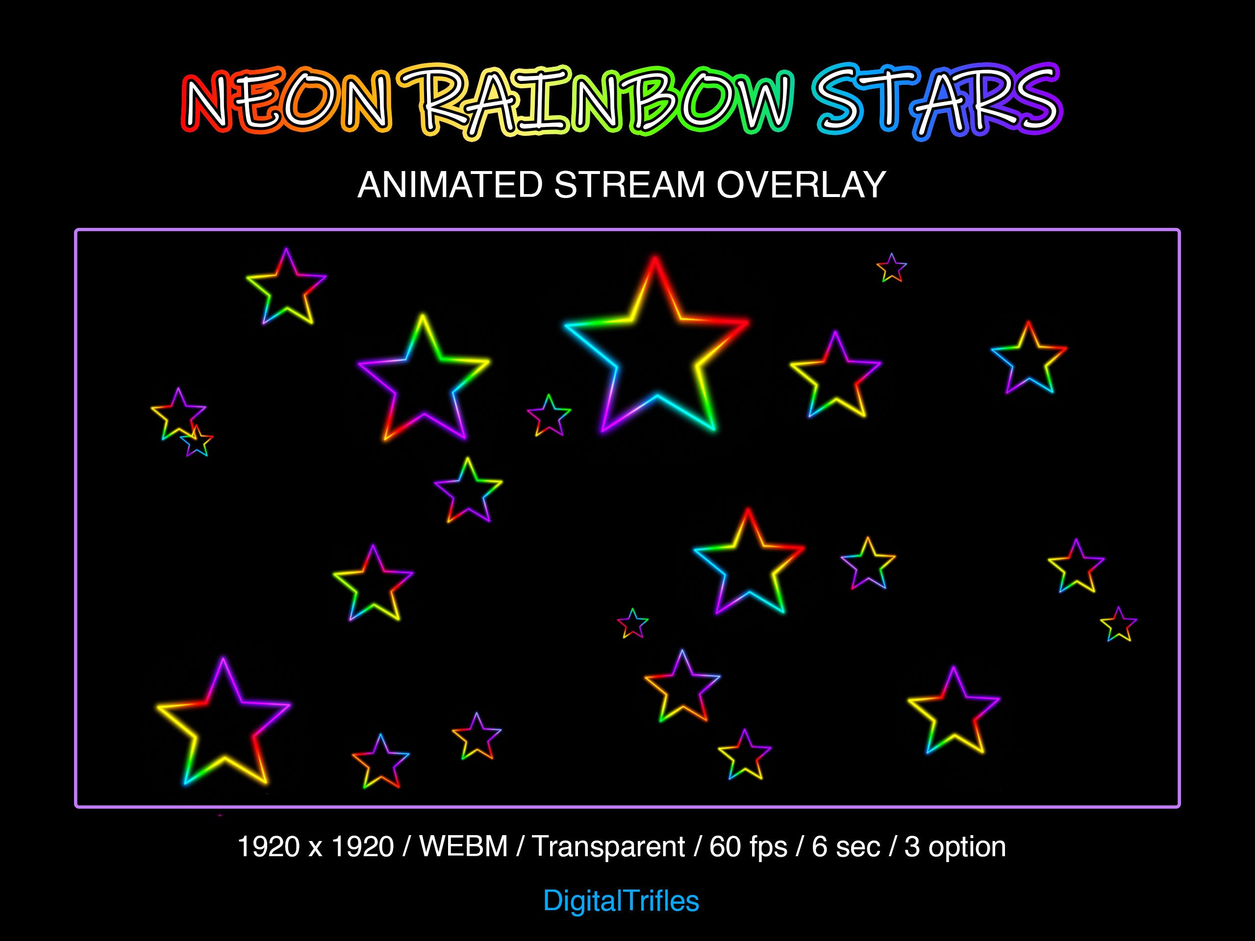 Neon Rainbow Twitch Overlay, Animated Stars Falling, Stream Decoration ...
