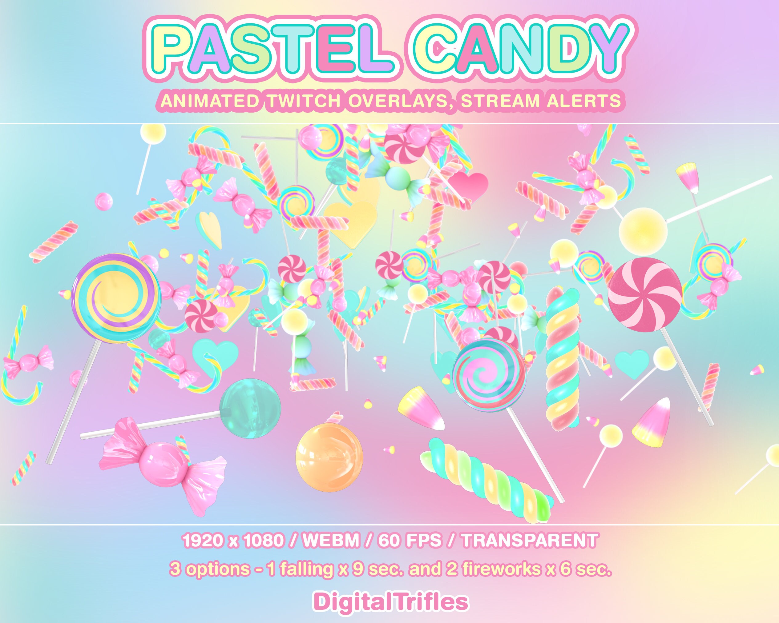 Animated Pastel Candy Twitch Overlays, Cute Stream Alerts, Falling and ...