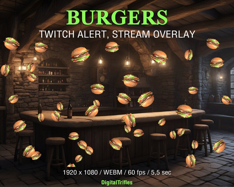 Twitch Alert Animated Burgers, Stream Overlay for Streamlabs and Streamelements, Follow ...
