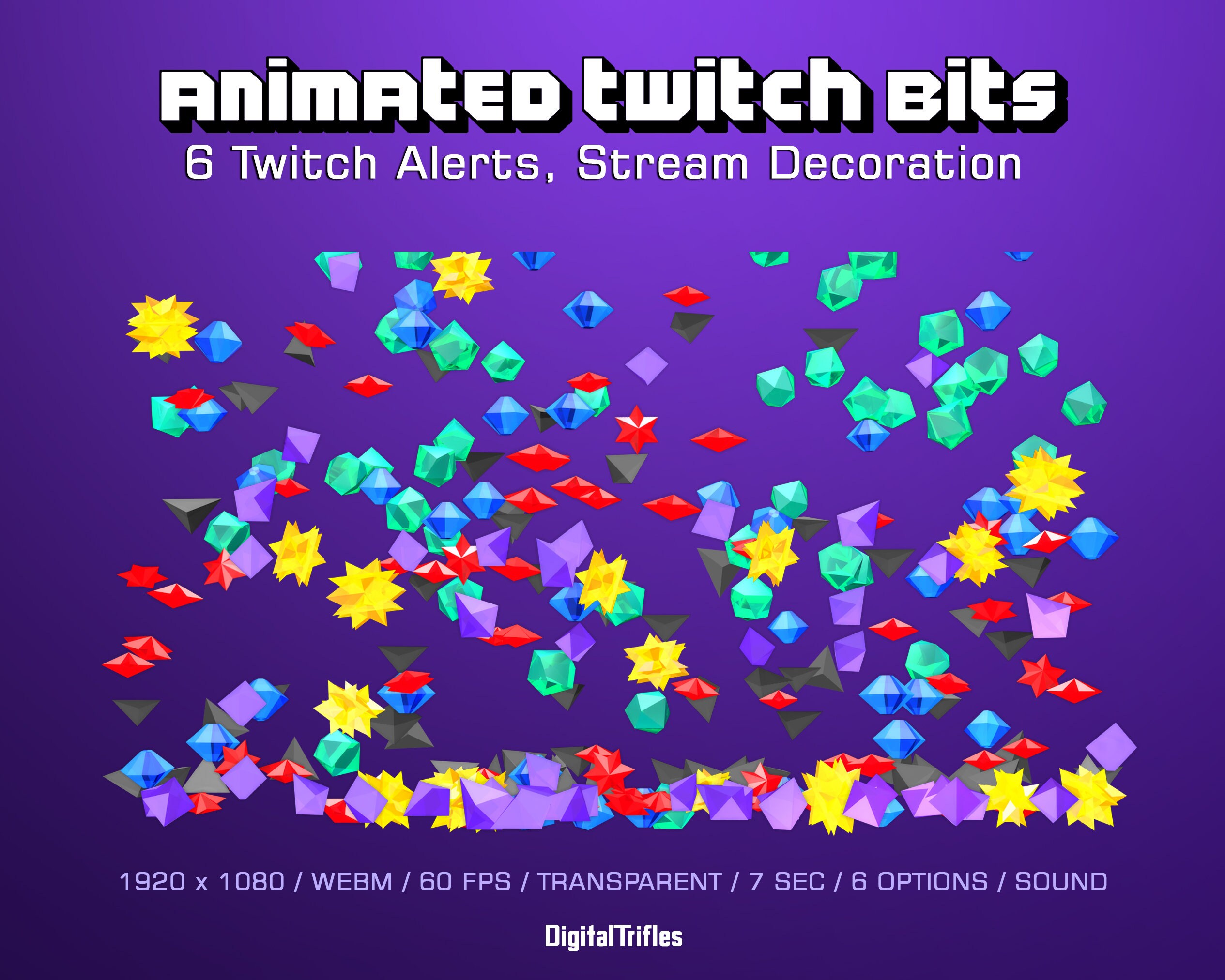 Animated Bits Stream Package, 6 Fullscreen Twitch Alerts, 3d Bits Gems ...