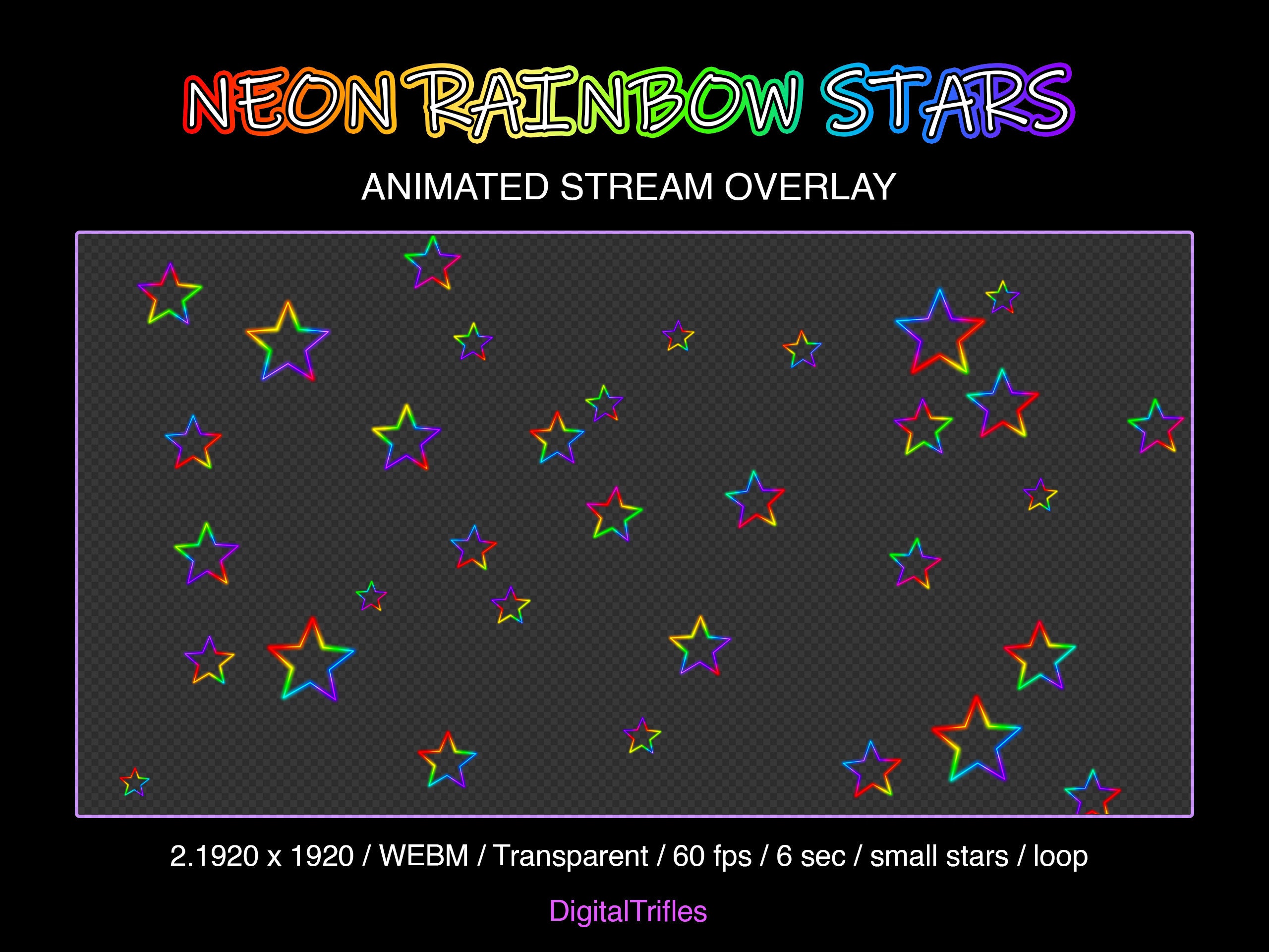 Neon Rainbow Twitch Overlay, Animated Stars Falling, Stream Decoration ...