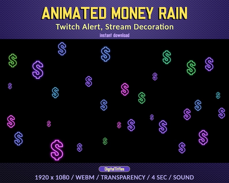 Money Rain Twitch Alert, Falling Dollars, Donation, Cheer, Bits, Sub ...