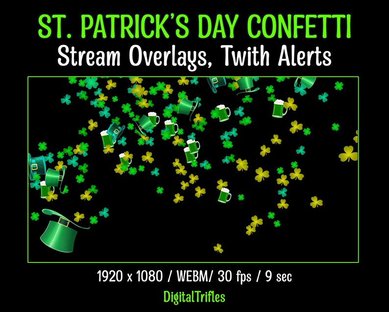 St Patrick's Day Stream Overlay, Animated Twitch Alert, Clover Leaves ...