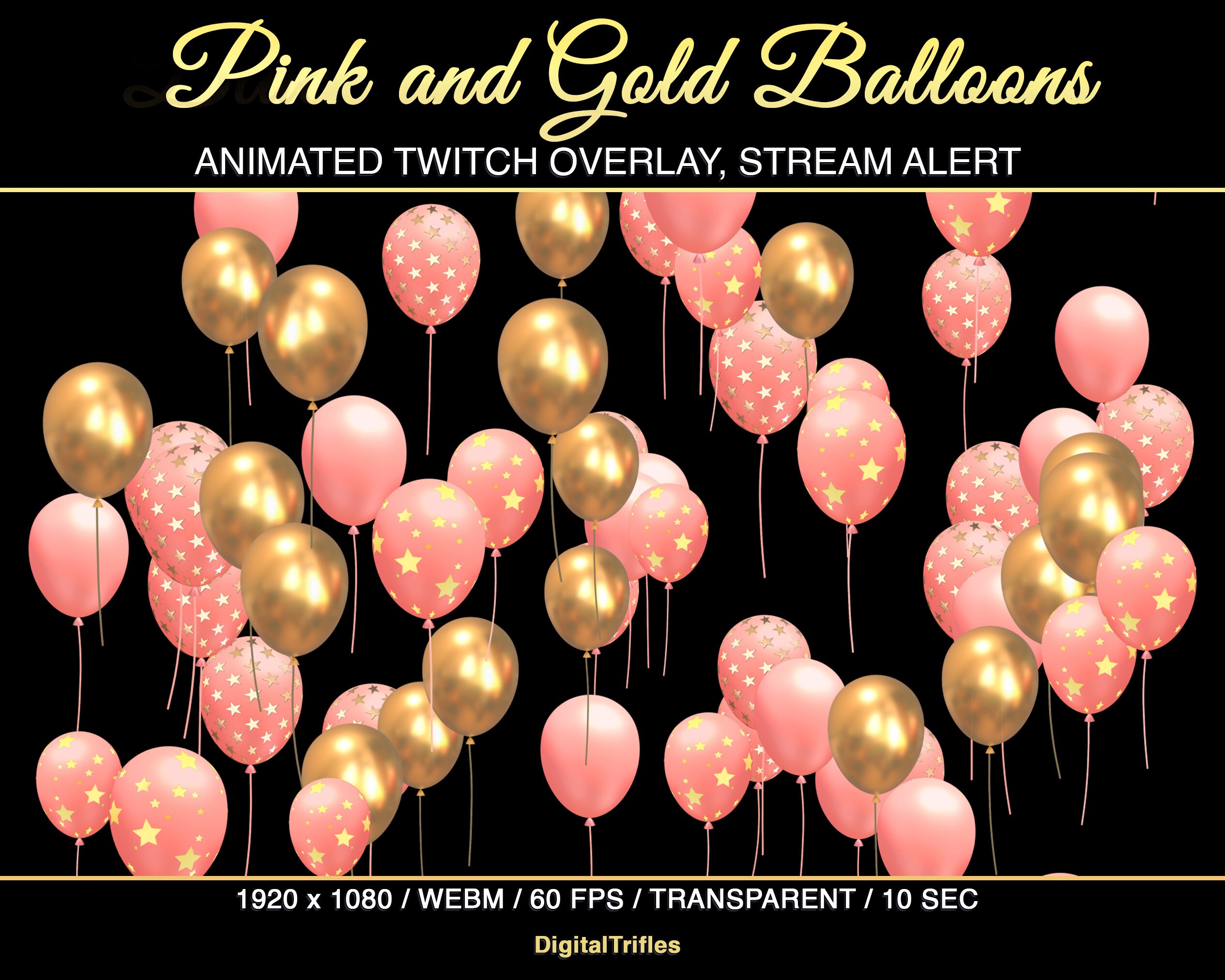 Animated Stream Overlay Gold and Pink Balloons, Cute Decor for Streamer ...