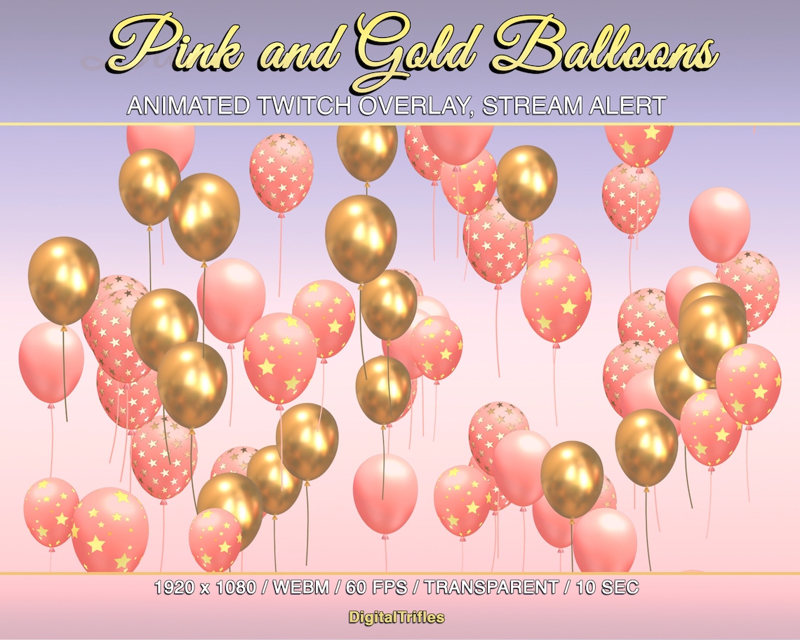 Animated Stream Overlay Gold and Pink Balloons, Cute Decor for Streamer ...
