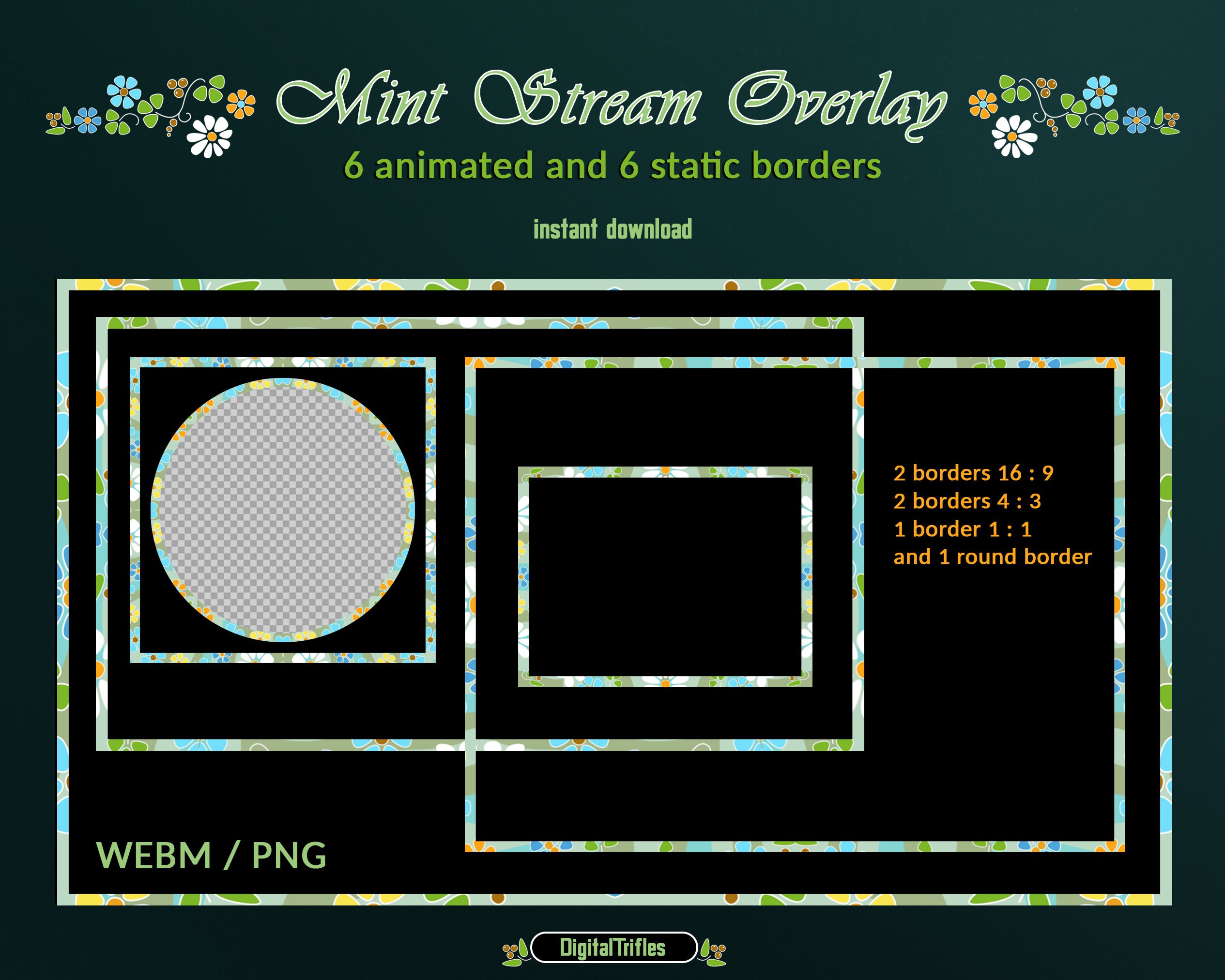 Mint Green Webcam Overlay for Twitch, Youtube, Animated Border Overlay ...
