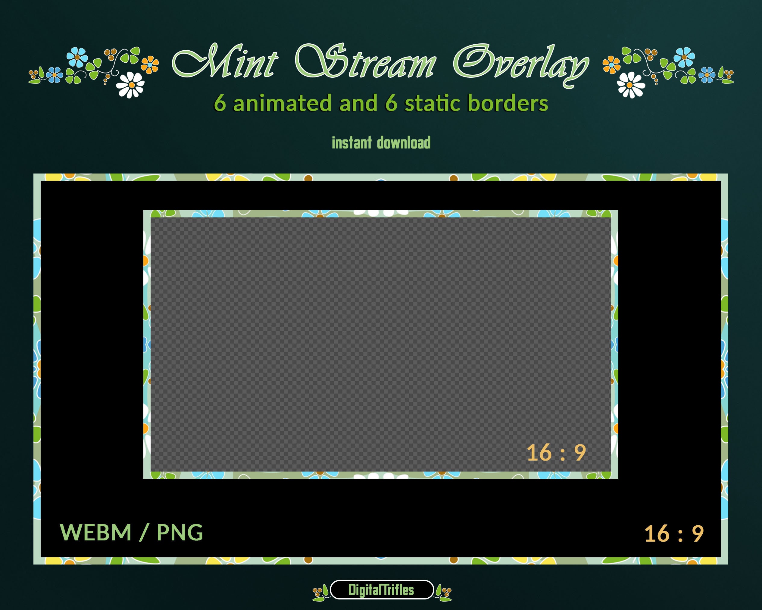 Mint Green Webcam Overlay for Twitch, Youtube, Animated Border Overlay ...