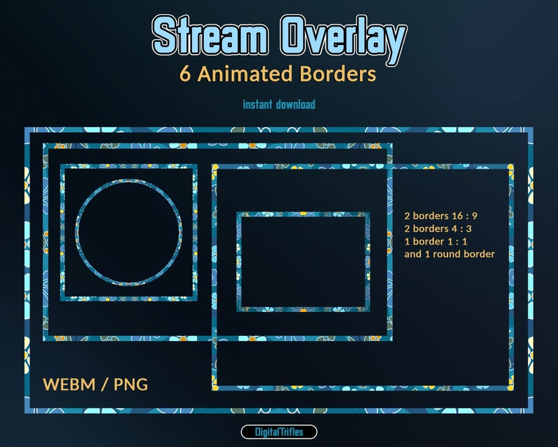 Webcam Overlays for Twitch, Youtube, Animated Blue Border Overlay Pack ...