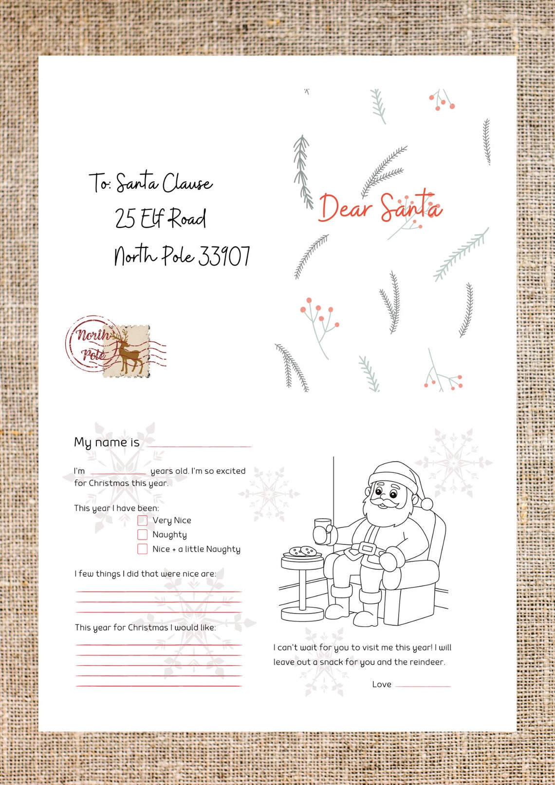 Letter to Santa Instant Download Printable PDF Format - Etsy