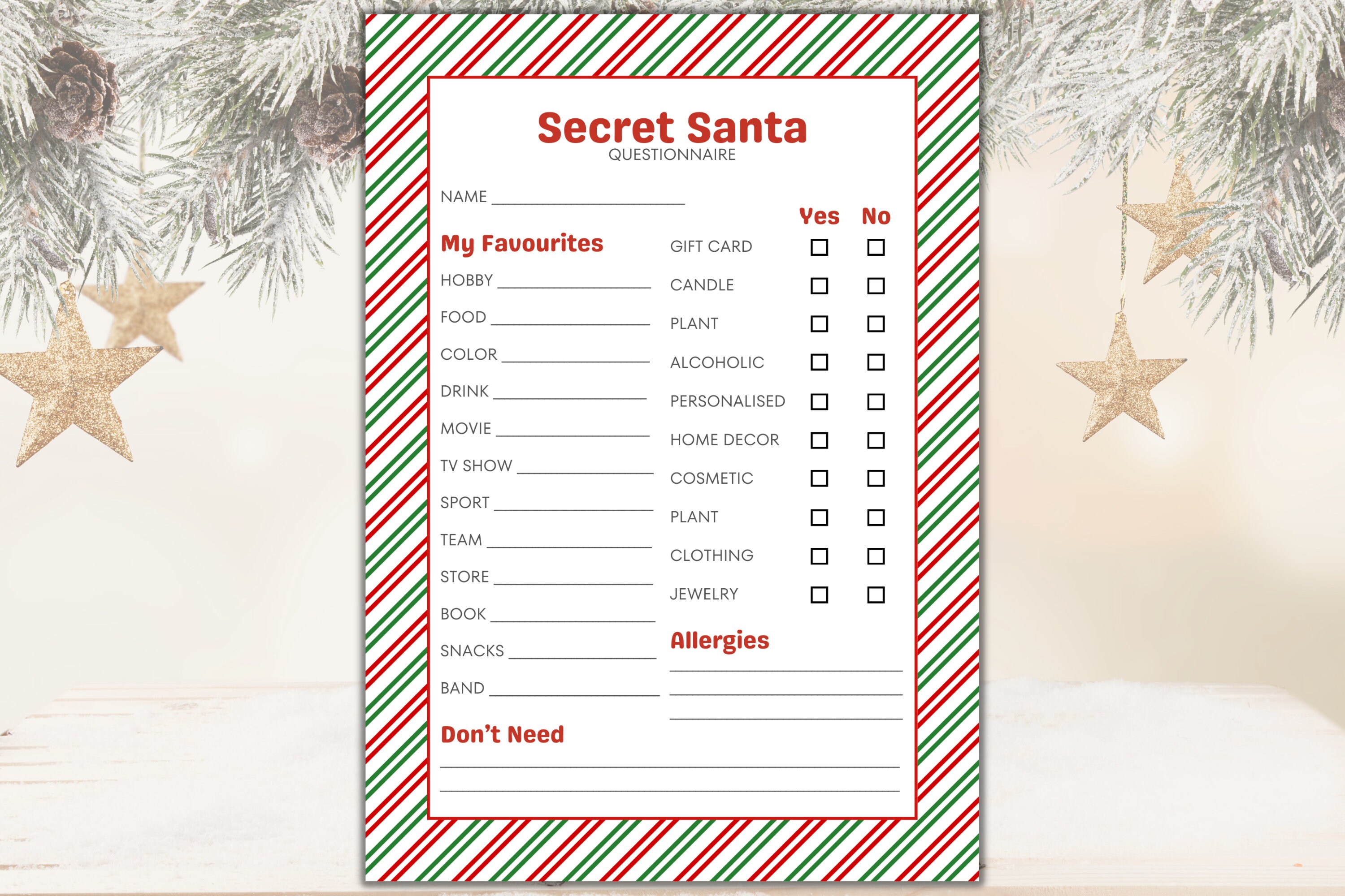 Secret Santa Questionnaire Editable Secret Santa Gift - Etsy