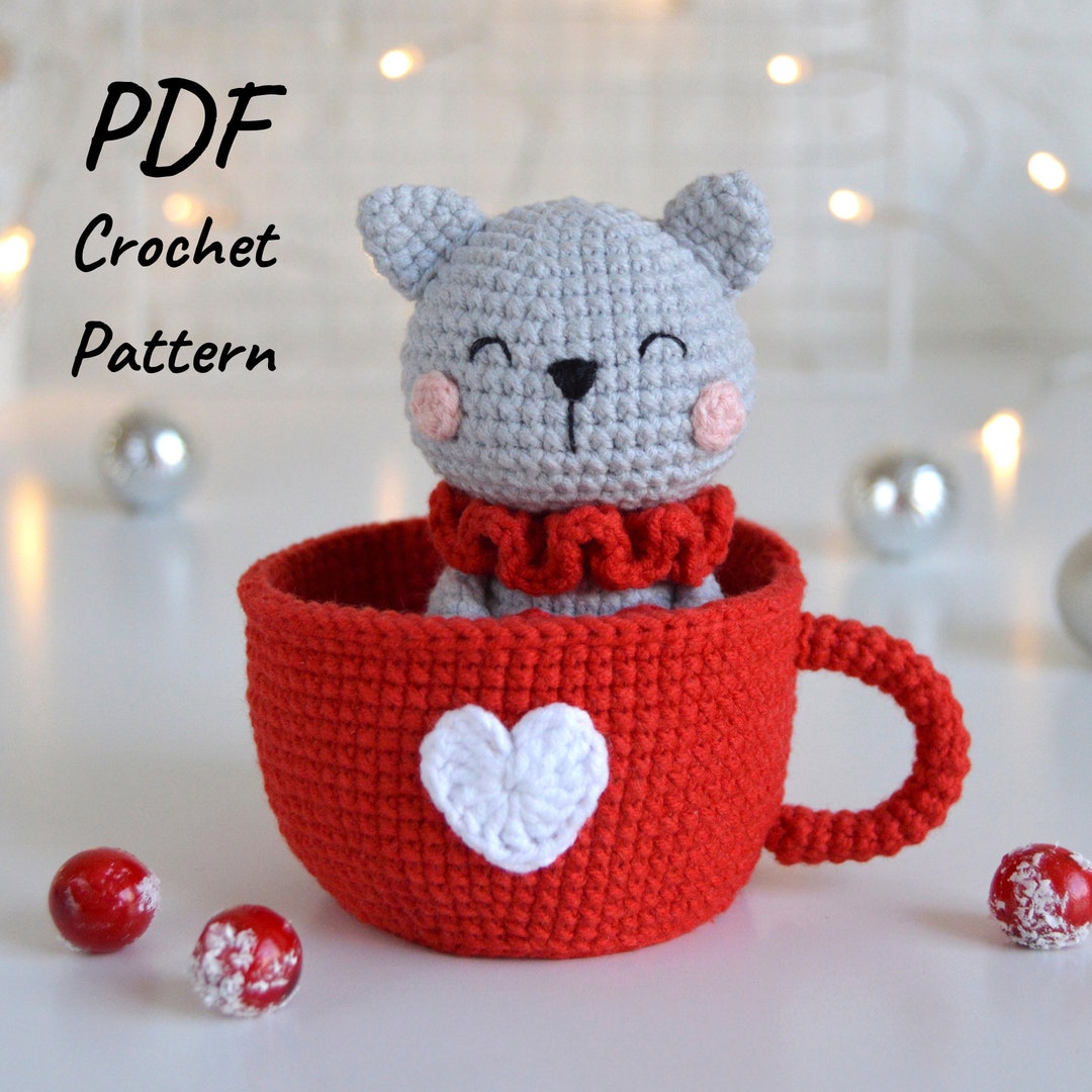 DIY PDF Crochet Pattern Cat With Heart in a Cup Crochet Valentine's Day ...