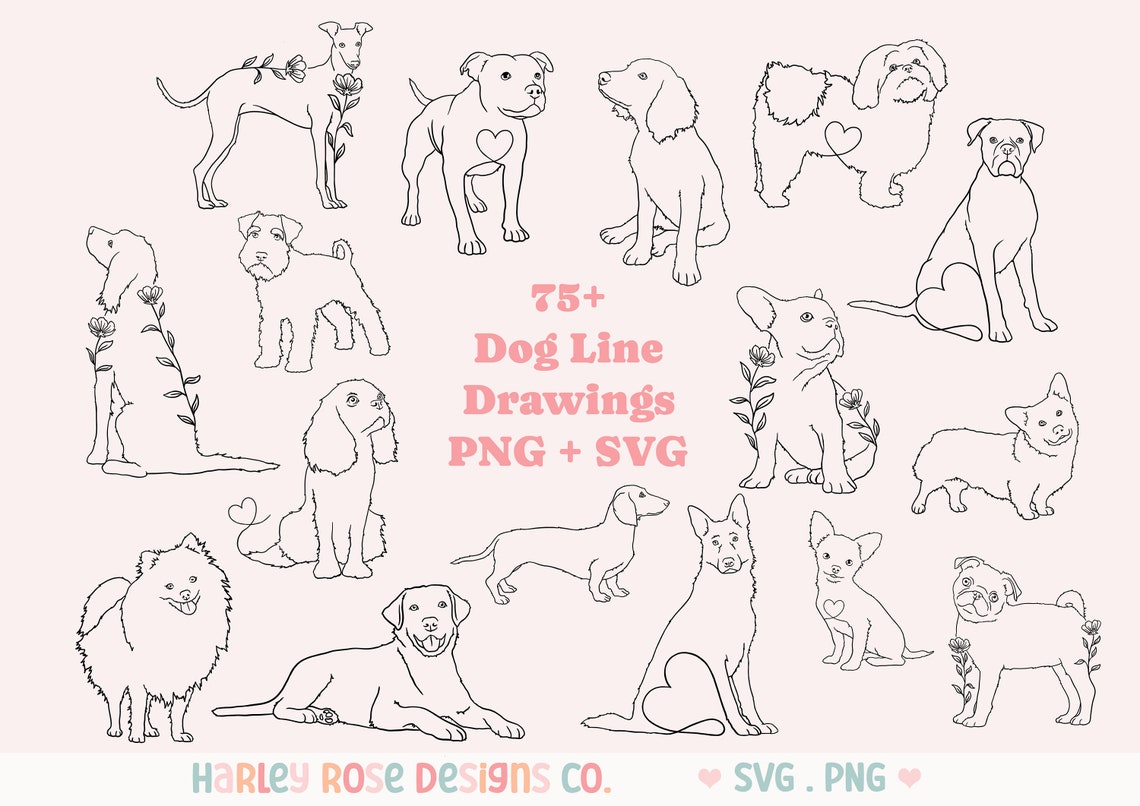 Dog Line Drawing SVG Bundle, Cute Dog Svgs, Floral Dog SVG Files for ...