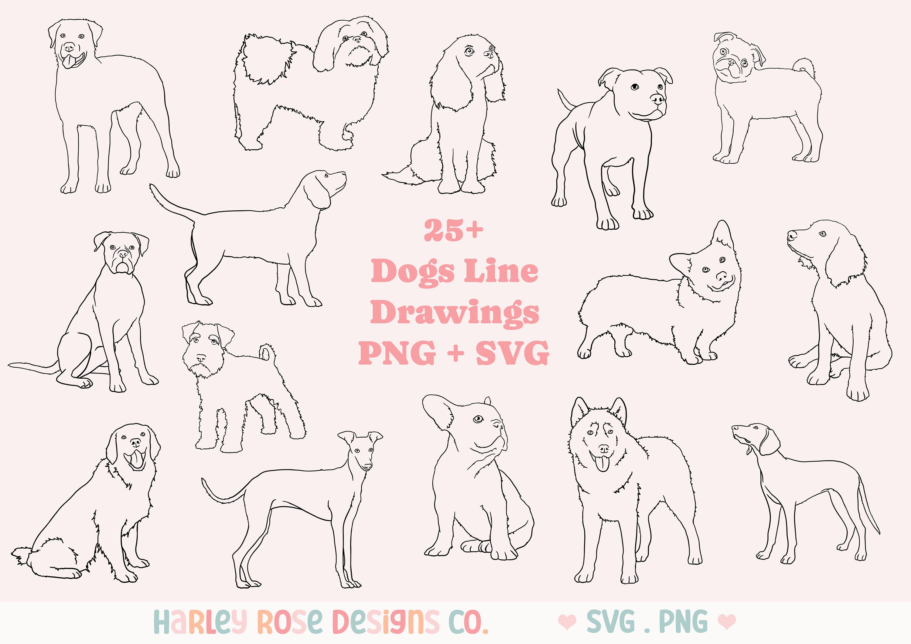 Dog Line Drawing SVG Bundle, Cute Dog Svgs, Dog Breeds SVG Files for ...