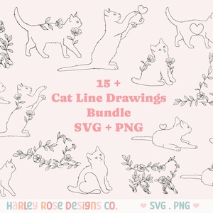 Cat Line Drawing SVG Bundle, Cute Cat Svgs, Floral Cat SVG Files for ...