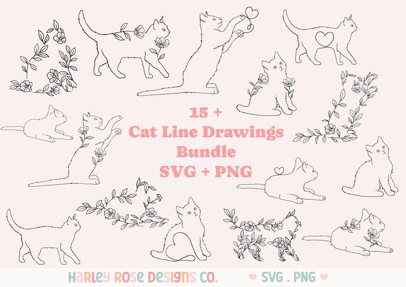 Cat Line Drawing SVG Bundle, Cute Cat Svgs, Floral Cat SVG Files for ...