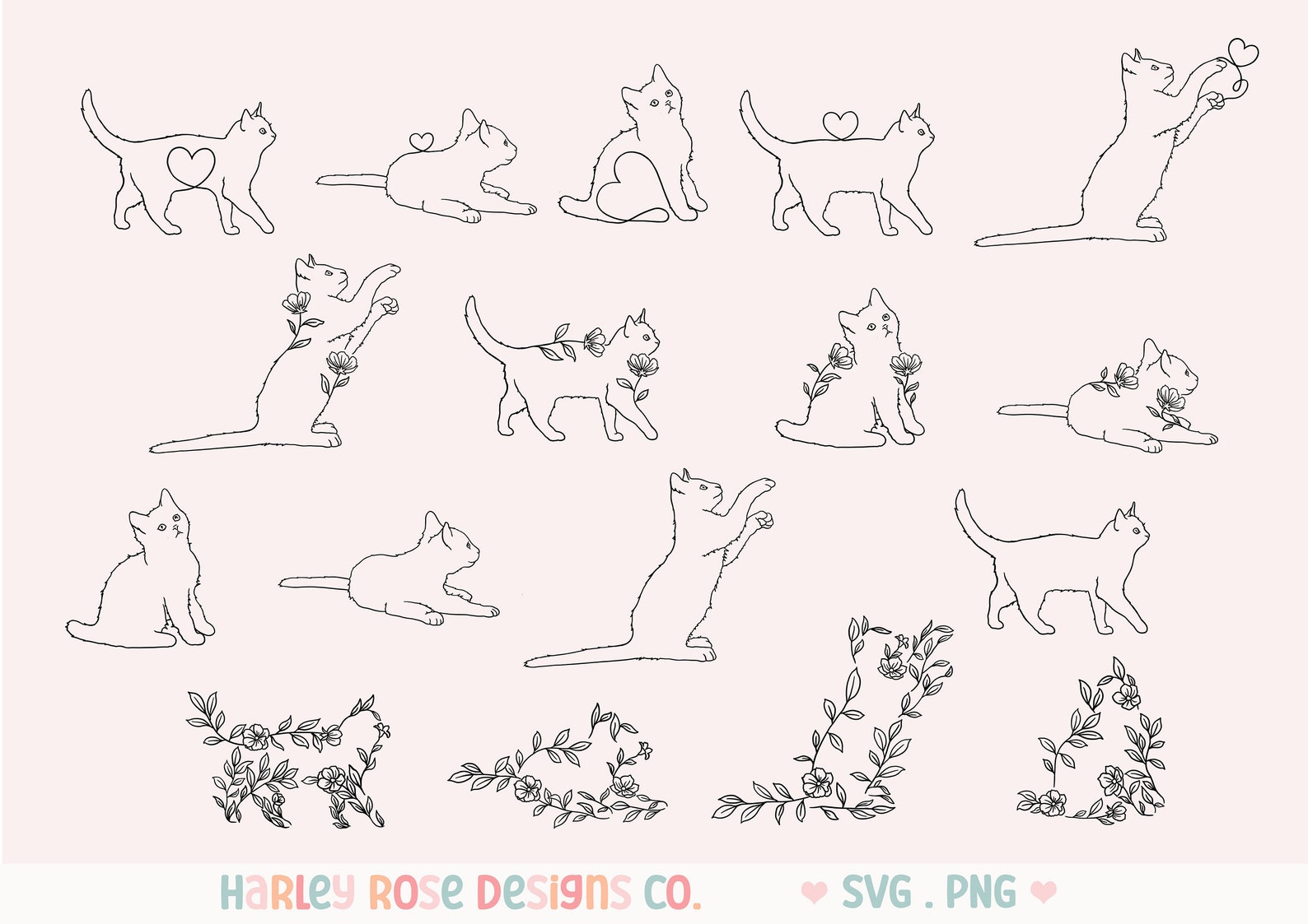 Cat Line Drawing SVG Bundle, Cute Cat Svgs, Floral Cat SVG Files for ...