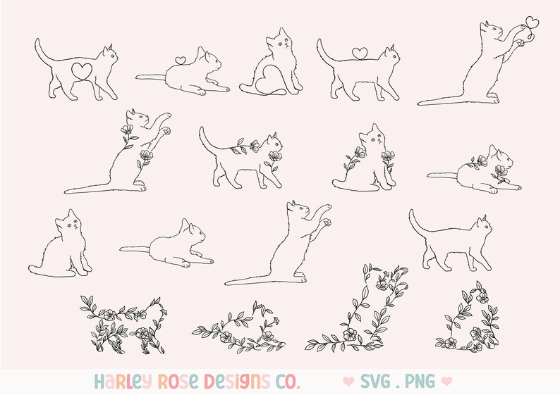 Cat Line Drawing SVG Bundle, Cute Cat Svgs, Floral Cat SVG Files for ...