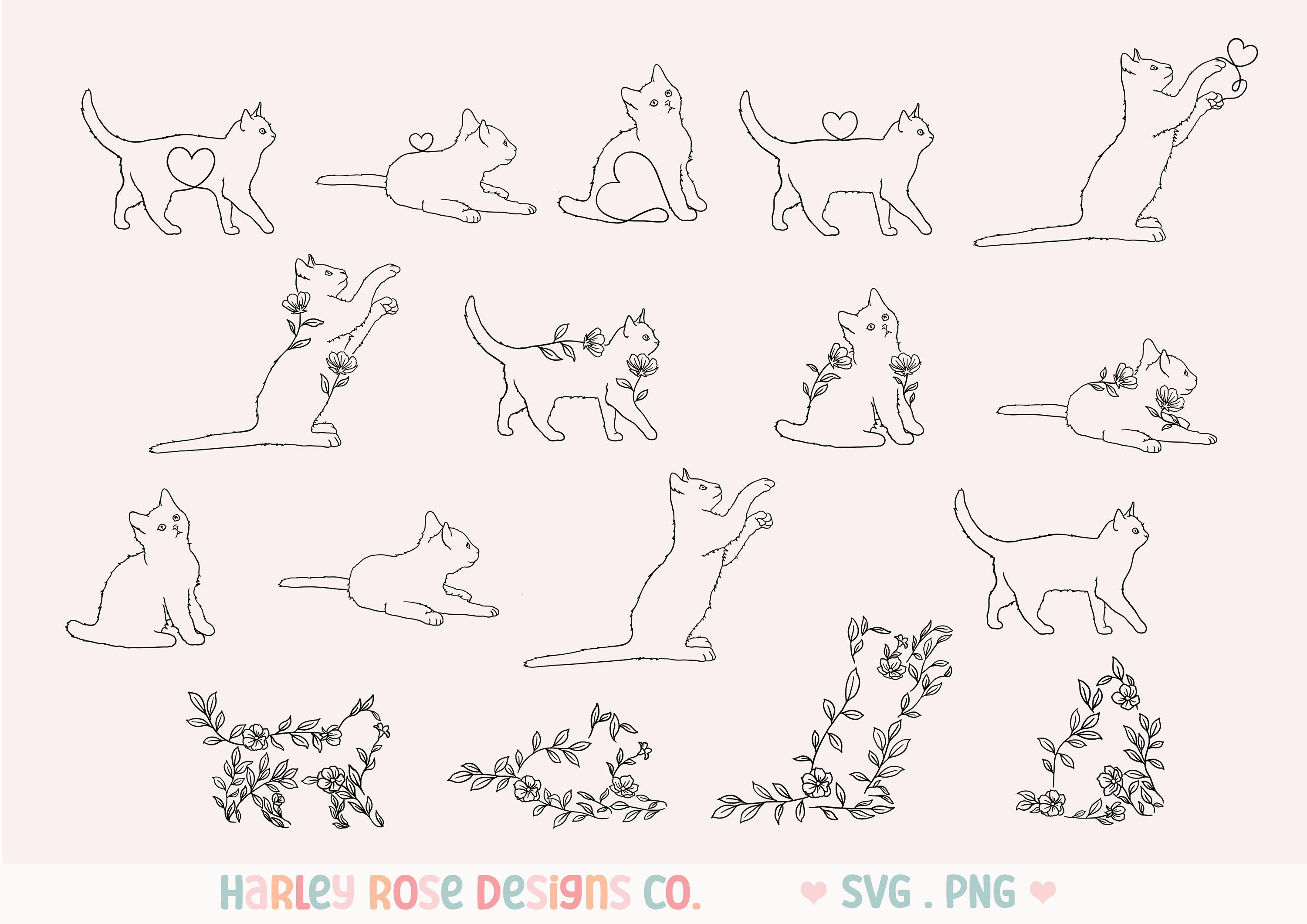 Cat Line Drawing SVG Bundle, Cute Cat Svgs, Floral Cat SVG Files for ...
