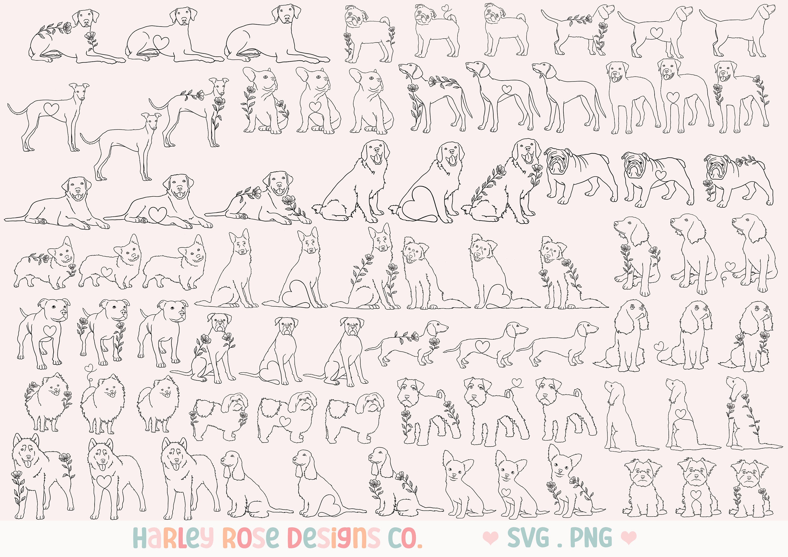 Dog Line Drawing SVG Bundle, Cute Dog Svgs, Floral Dog SVG Files for ...