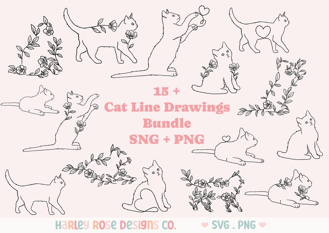 Cat Line Drawing SVG Bundle Cute Cat Svgs Floral Cat SVG - Etsy