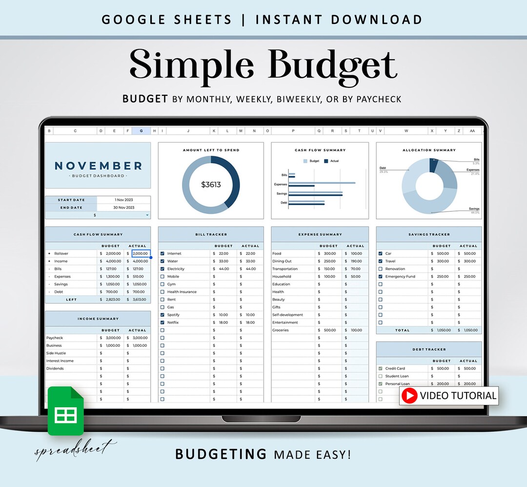 Simple Monthly Budget for Google Sheets, Budget by Paycheck, Monthly ...